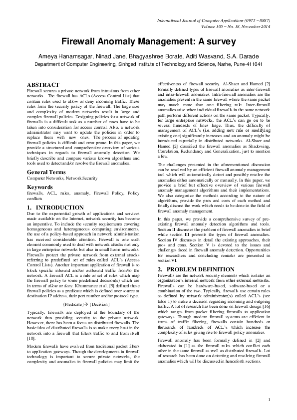 (PDF) 1 Firewall Anomaly Management: A survey