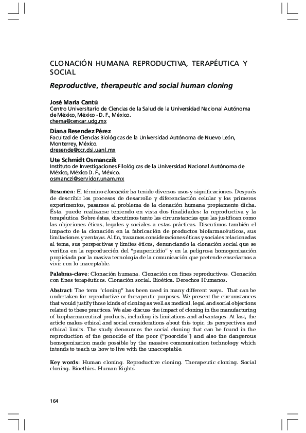 (PDF) Clonación Humana Reproductiva, Terapéutica y Social
