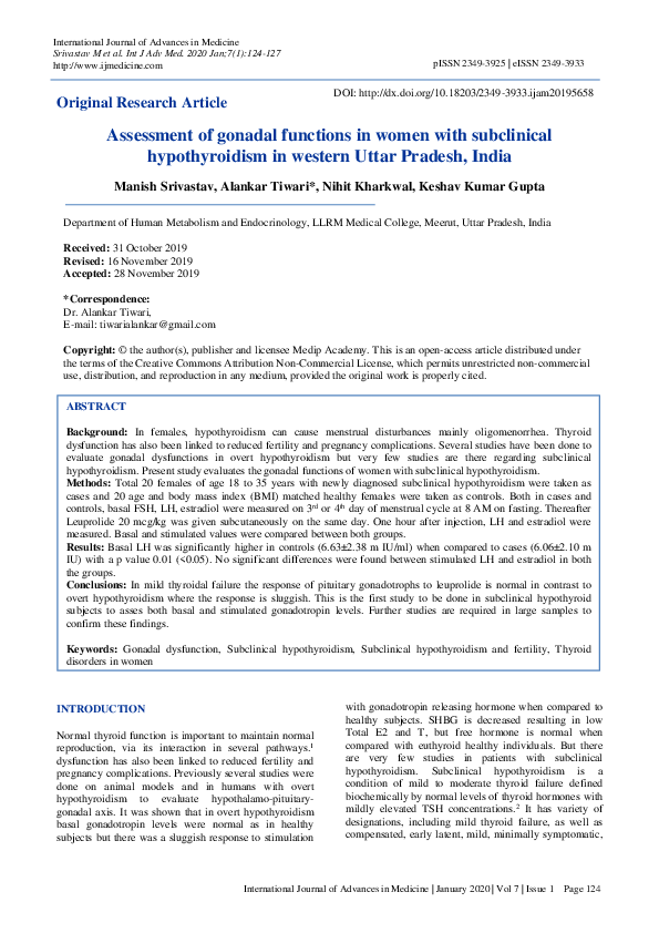 (PDF) Assessment of gonadal functions in women with subclinical hypothyroidism in western Uttar ...