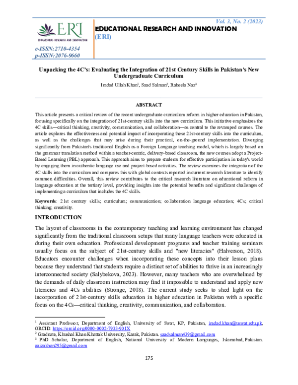 (PDF) Unpacking the 4C's: Evaluating the Integration of 21st Century Skills in Pakistan's New ...