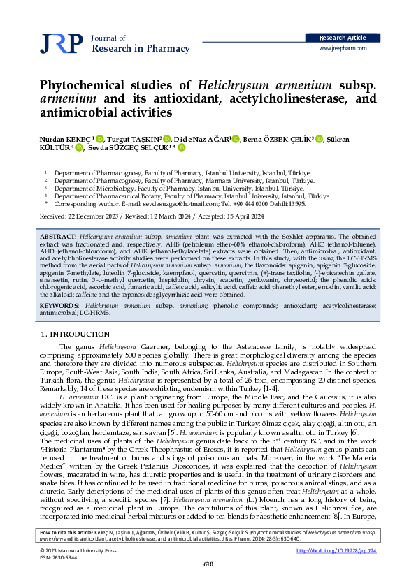 (PDF) Phytochemical studies of Helichrysum armenium subsp. armenium and ...