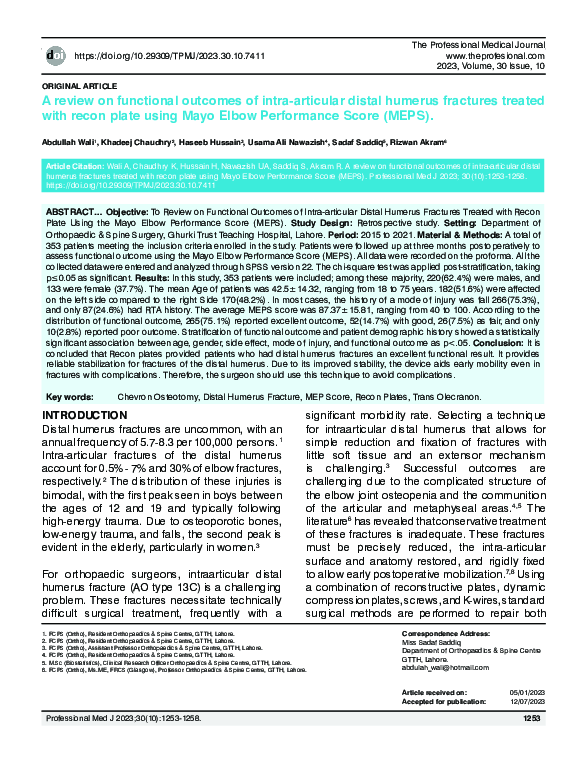 (PDF) A review on functional outcomes of intra-articular distal humerus ...
