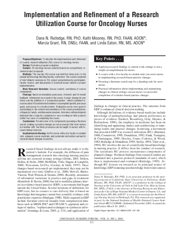 (PDF) Implementation and Refinement of a Research Utilization Course for Oncology Nurses