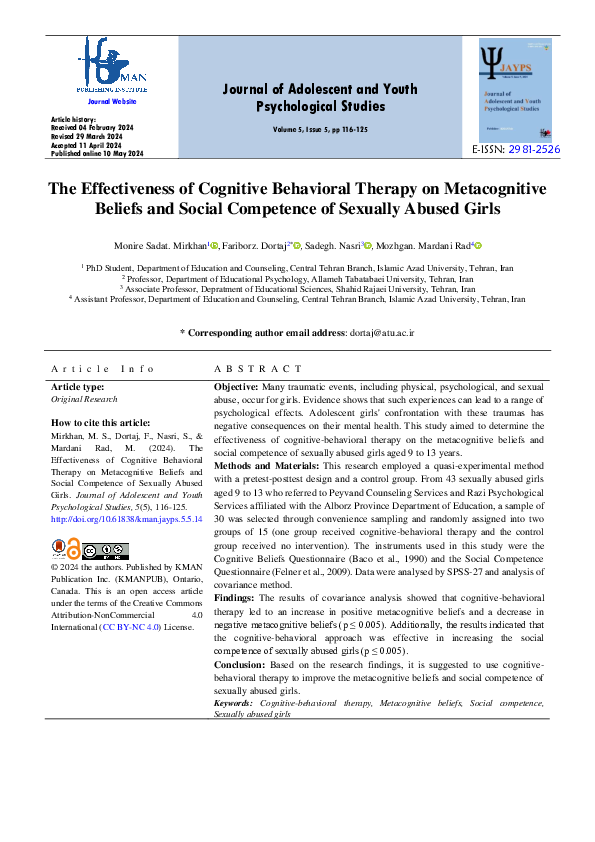 (PDF) The Effectiveness of Cognitive Behavioral Therapy on Metacognitive Beliefs and Social ...