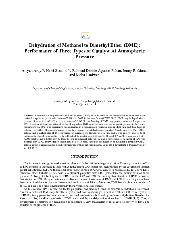 (PDF) Dehydration of methanol to dimethyl ether (DME): Performance of ...