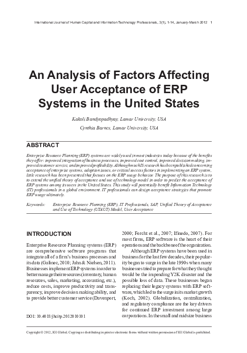 An Analysis Of Factors Affecting User Acceptance Of Erp Systems In The