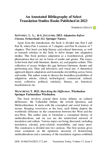 (PDF) An Annotated Bibliography of Selected Translation Studies Books Published in 2023