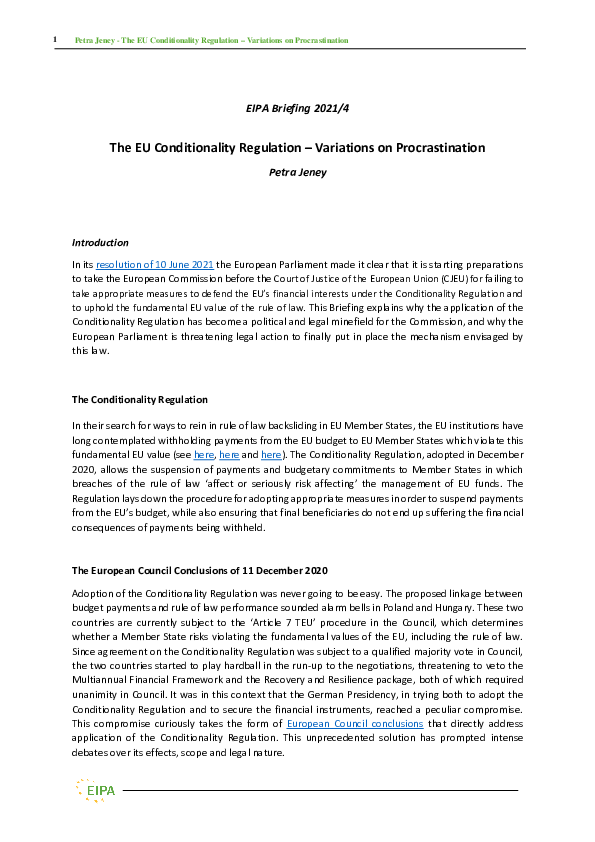 (PDF) The EU Conditionality Regulation – Variations on Procrastination ...