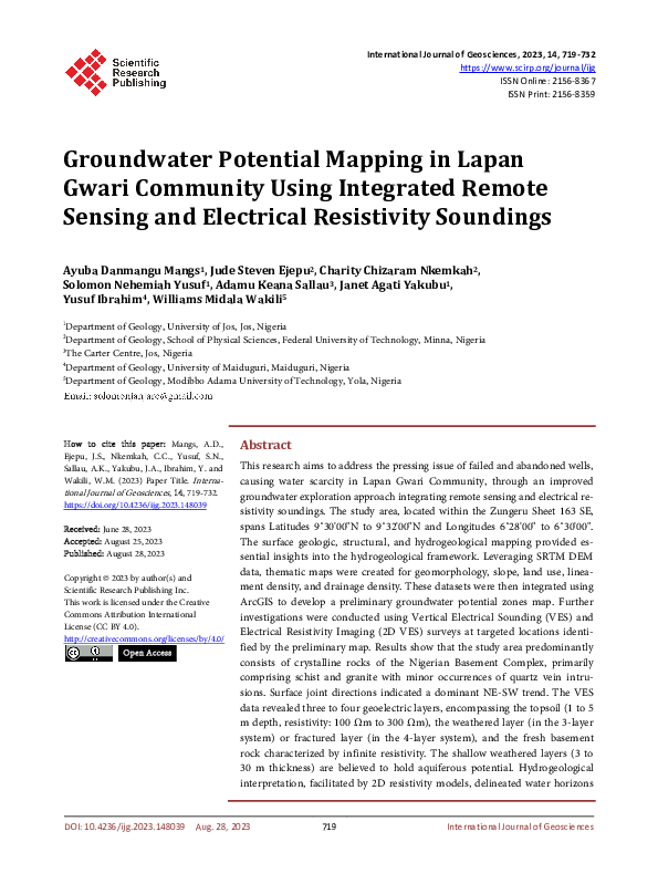 (PDF) Groundwater Potential Mapping in Lapan Gwari Community Using Integrated Remote Sensing and ...