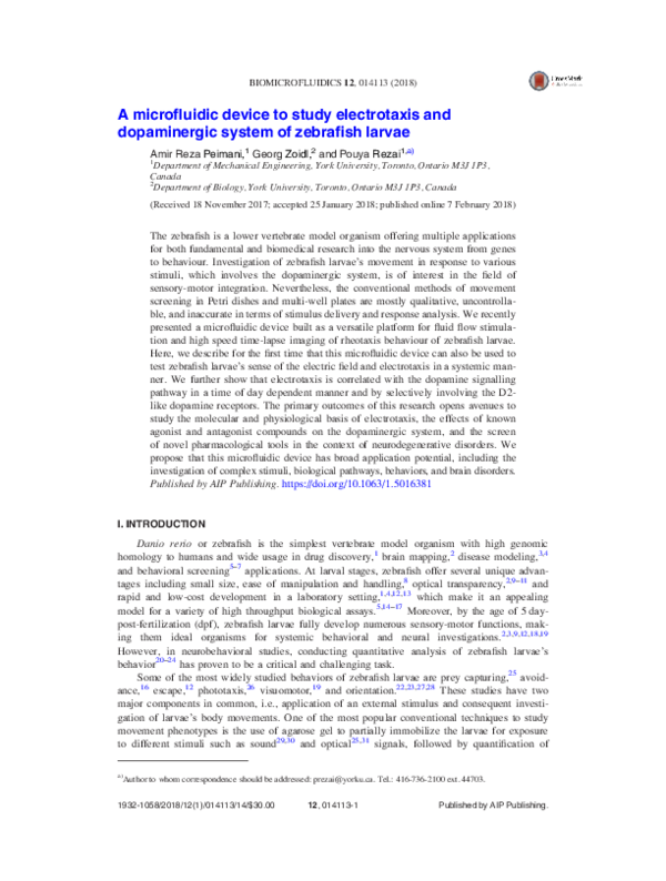 (PDF) A microfluidic device to study electrotaxis and dopaminergic system of zebrafish larvae ...