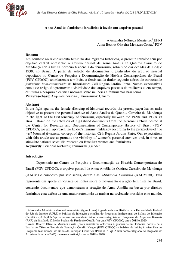(PDF) Anna Amélia: feminismo brasileiro à luz de um arquivo pessoal