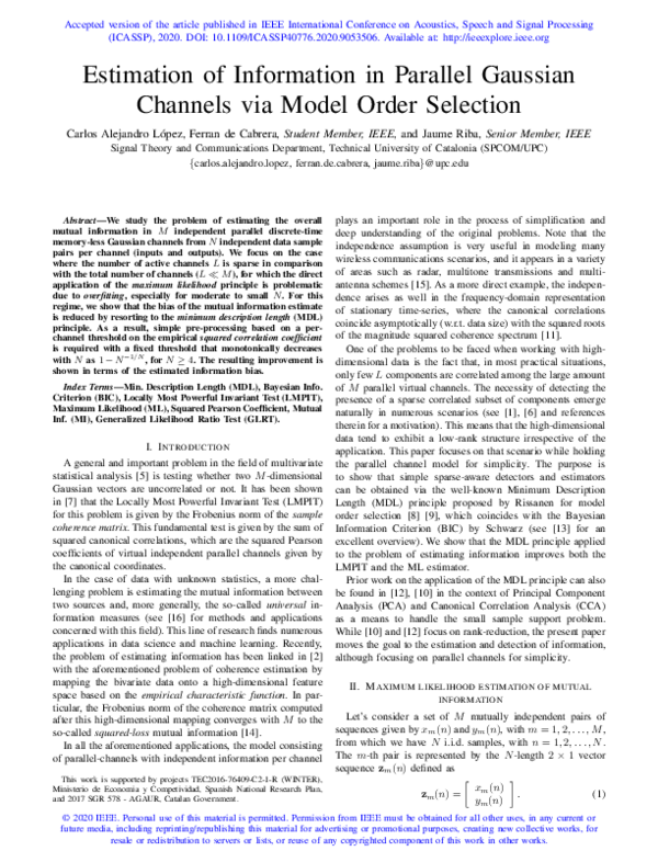 (PDF) Estimation of Information in Parallel Gaussian Channels via Model Order Selection