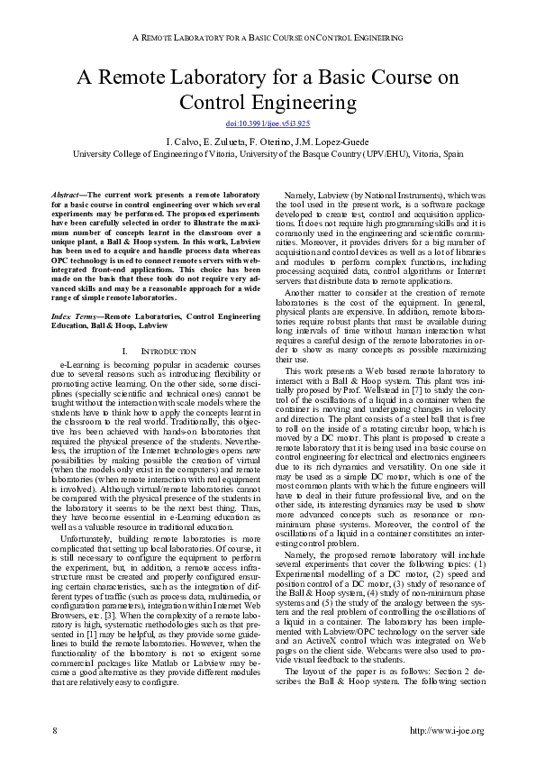 (PDF) A Remote Laboratory for a Basic Course on Control Engineering