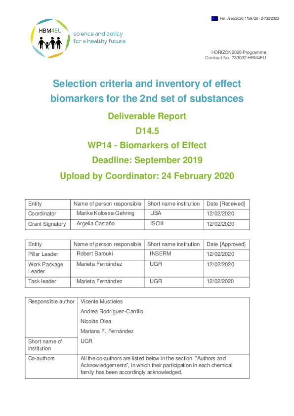 (PDF) Deliverable Report D14.5. Selection criteria and inventory of effect biomarkers for the ...