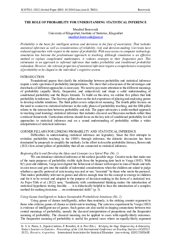 (PDF) The Role of Probability for Understanding Statistical Inference