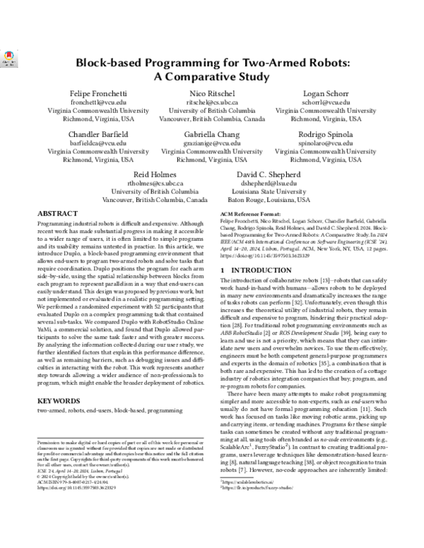 (PDF) Block-based Programming for Two-Armed Robots: A Comparative Study