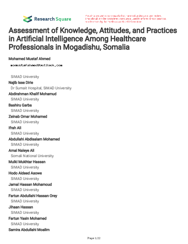 (PDF) Assessment of Knowledge, Attitudes, and Practices in Artificial Intelligence Among ...