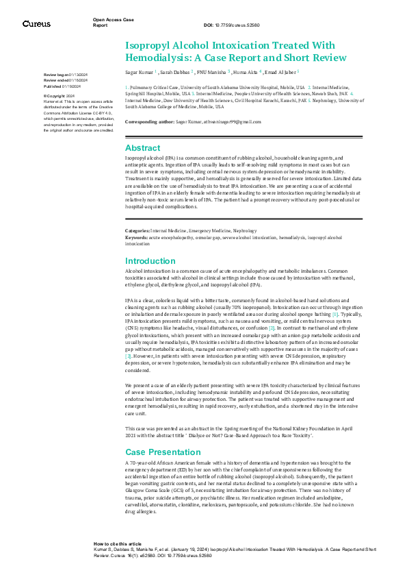 (PDF) Isopropyl Alcohol Intoxication Treated With Hemodialysis: A Case ...