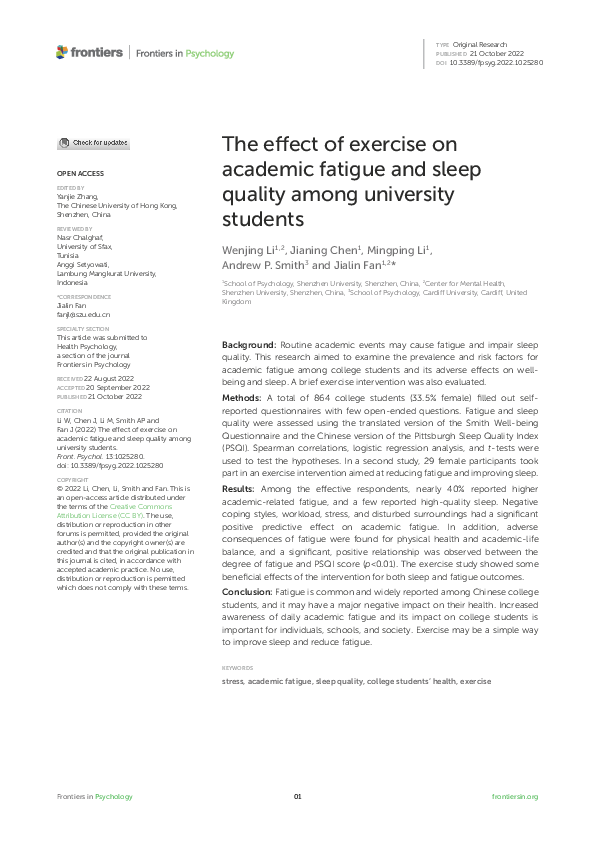 (PDF) The effect of exercise on academic fatigue and sleep quality among university students