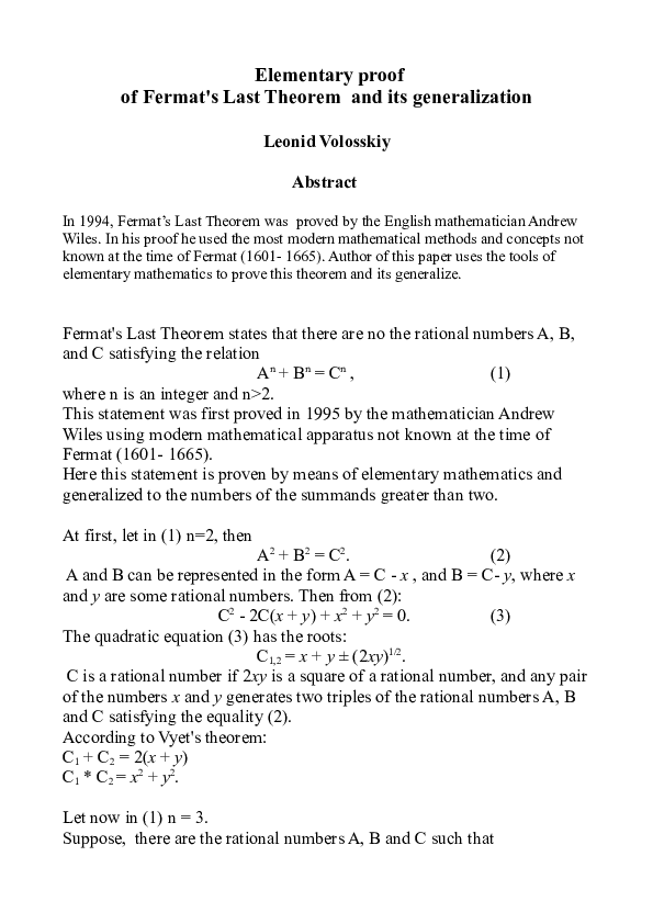 (PDF) Elementary proof of Fermat's Last Theorem and its generalization
