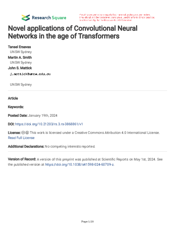 (PDF) Novel applications of Convolutional Neural Networks in the age of Transformers
