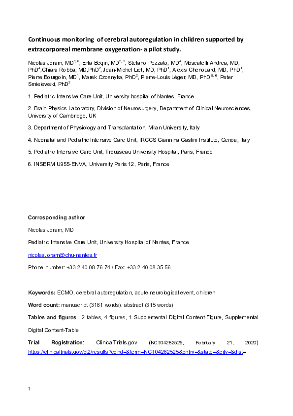 (PDF) Continuous Monitoring of Cerebral Autoregulation in Children Supported by Extracorporeal ...