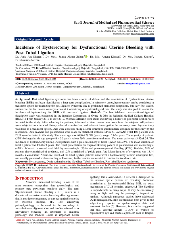 Incidence of Hysterectomy for Dysfunctional Uterine Bleeding with Post ...