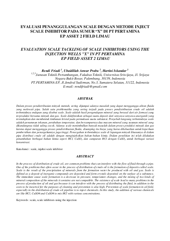(PDF) Evaluasi Penanggulangan Scale Dengan Metode Inject Scale Inhibitor Pada Sumur “X” DI PT ...