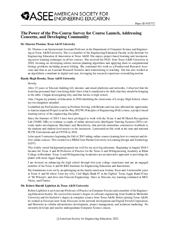 (PDF) The Power of the Pre-Course Survey for Course Launch, Addressing ...