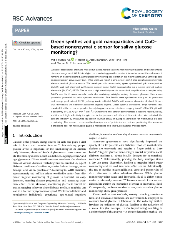 (PDF) Green synthesized gold nanoparticles and CuO-based nonenzymatic sensor for saliva glucose ...