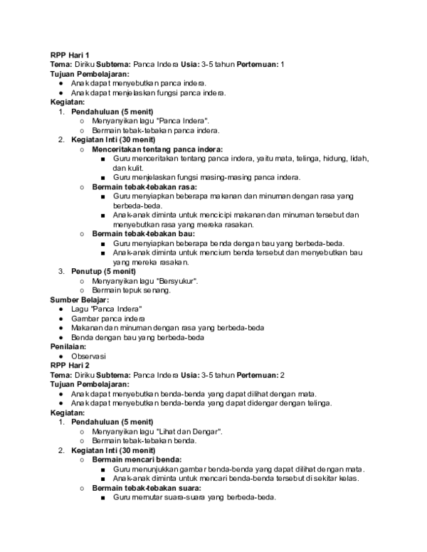 (PDF) Rpph paud usia 3 sampai 5 tahun tema diriku sub te | Luluk ...
