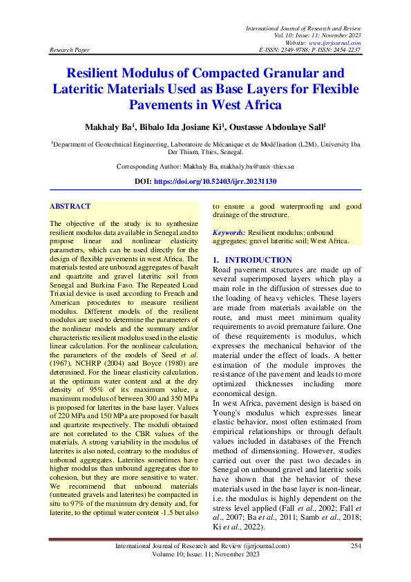 (PDF) Resilient Modulus of Compacted Granular and Lateritic Materials Used as Base Layers for ...
