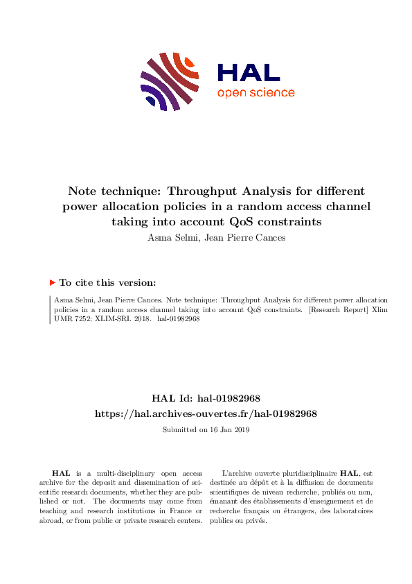 (PDF) Note technique: Throughput Analysis for different power allocation policies in a random ...