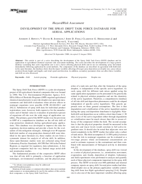 (PDF) Development of the Spray Drift Task force database for aerial ...