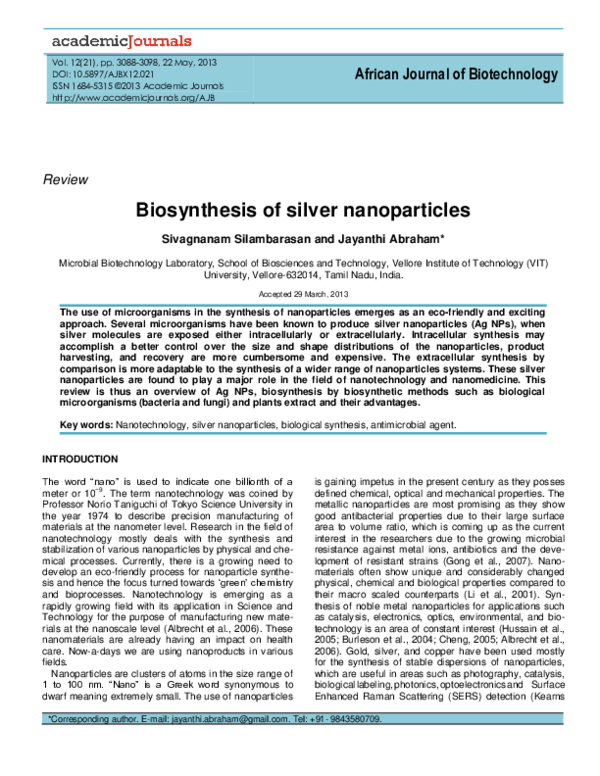 (PDF) Biosynthesis of Silver Nanoparticles | Thomas Theodore - Academia.edu