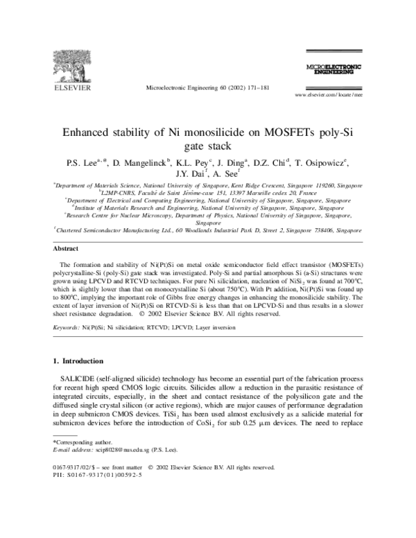 (PDF) Enhanced stability of Ni monosilicide on MOSFETs poly-Si gate stack