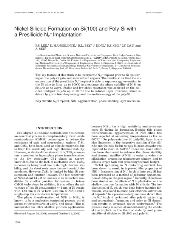 (PDF) Nickel silicide formation on Si(100) and Poly-Si with a ...