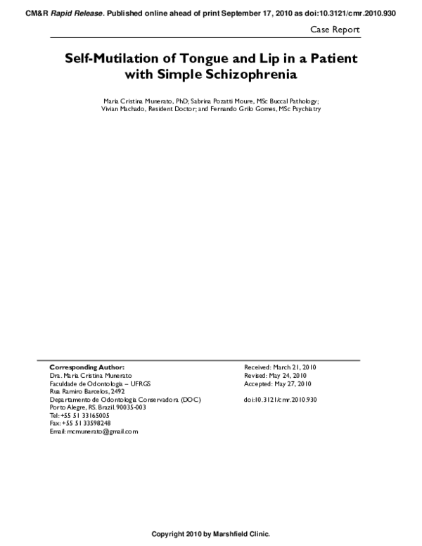 (PDF) Case Report Self-Mutilation of Tongue and Lip in a Patient with ...
