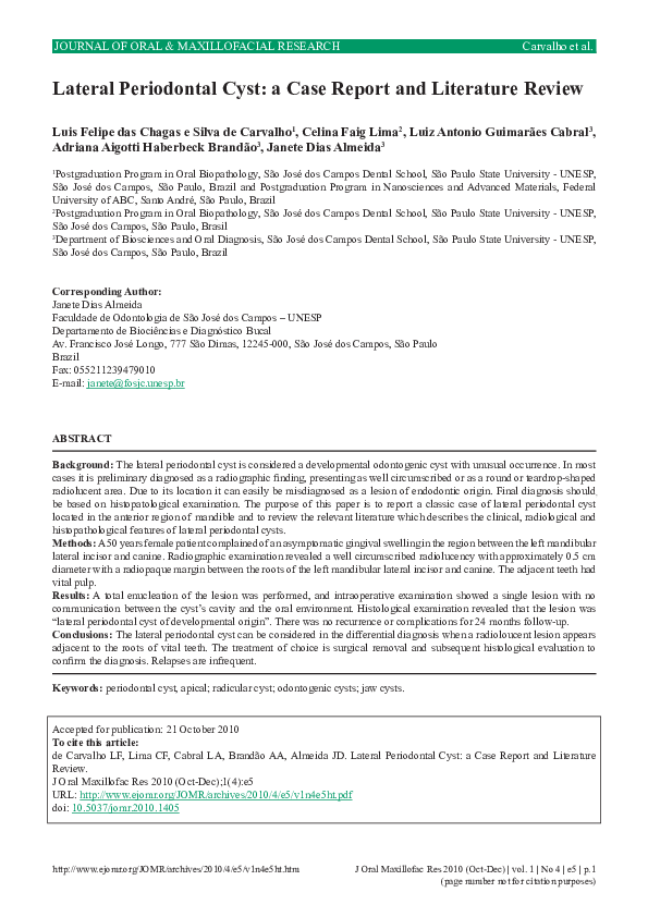 (PDF) Lateral periodontal cyst - case report and literature review