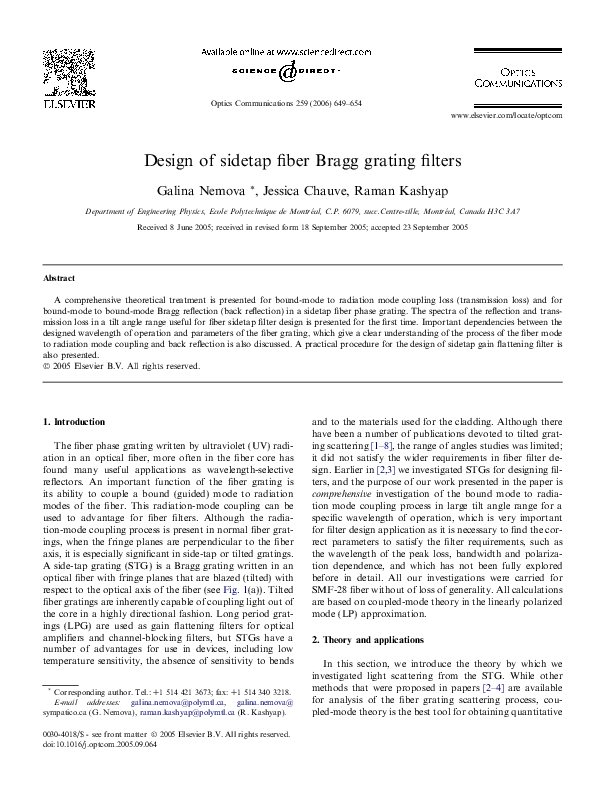 (PDF) Design of sidetap fiber Bragg grating filters | Galina Nemova ...