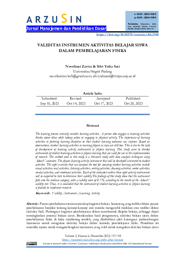 (PDF) Validitas Instrumen Aktivitas Belajar Siswa dalam Pembelajaran Fisika | silvi sari ...