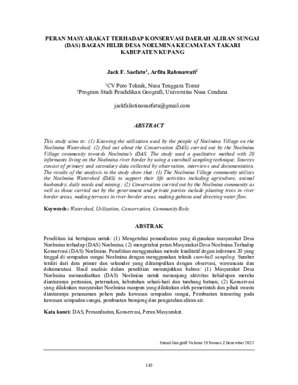 (PDF) Peran Masyarakat Terhadap Konservasi Daerah Aliran Sungai (Das) Bagian Hilir Desa Noelmina ...