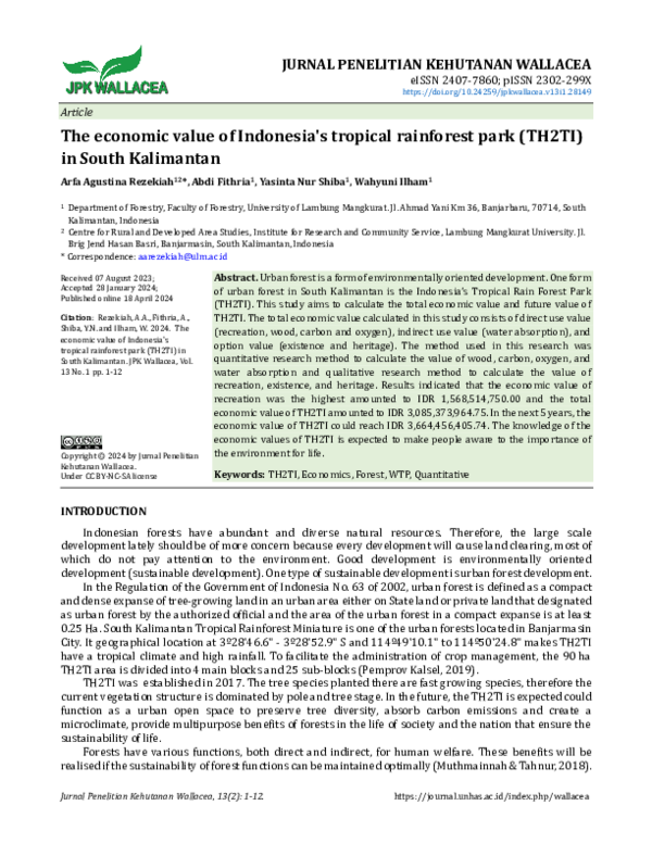 (PDF) The economic value of Indonesia's tropical rainforest park (TH2TI ...