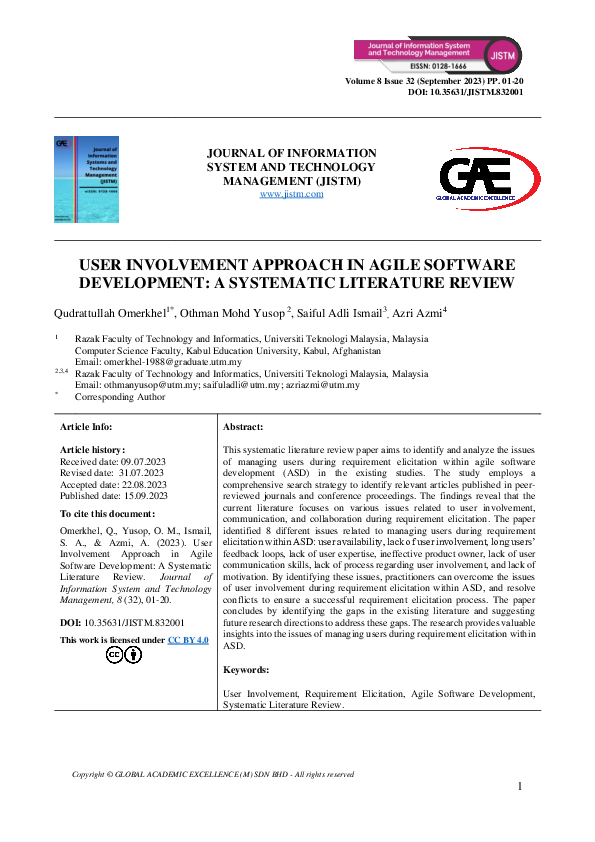 (PDF) User Involvement Approach in Agile Software Development: A Systematic Literature Review