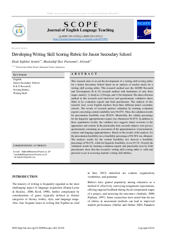 (PDF) Developing Writing Skill Scoring Rubric for Junior Secondary School