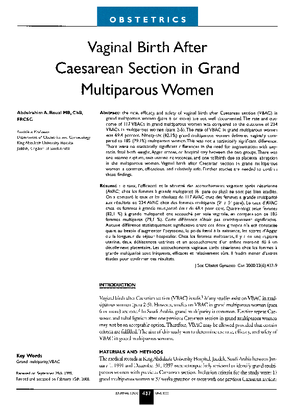 (PDF) Vaginal Birth After Caesarean Section in Grand Multiparous Women | Abdulrahim Rouzi ...