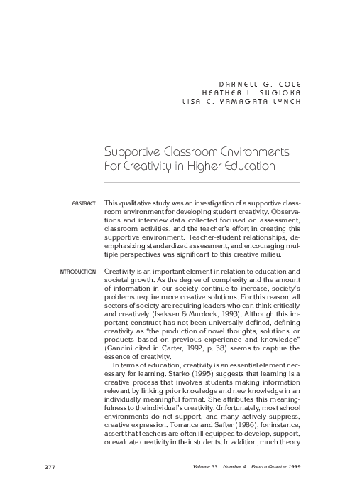 (PDF) Supportive Classroom Environments For Creativity in Higher Education