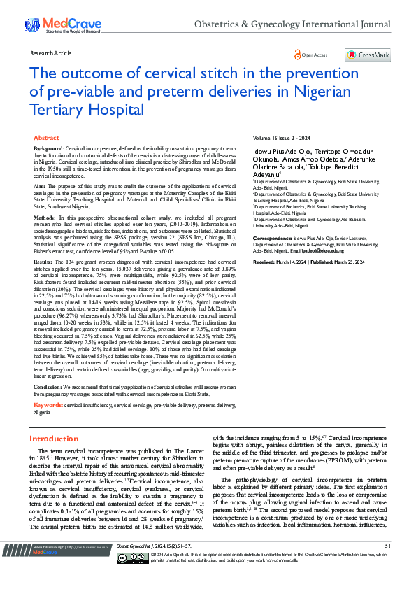 (PDF) The outcome of cervical stitch in the prevention of pre-viable ...