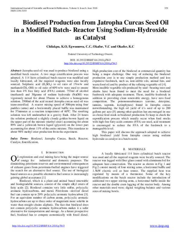 (PDF) Biodiesel Production from Jatropha Curcas Seed Oil in a Modified Batch- Reactor Using ...