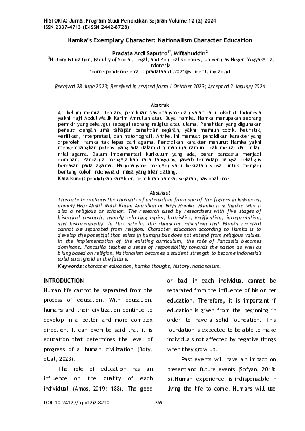 (PDF) Hamka’s Exemplary Character: Nationalism Character Education